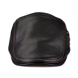 LETHMIK Unique Flat Cap Hunting Cowhide Leather Driver Ivy Cap Newsboy Hat Black-L