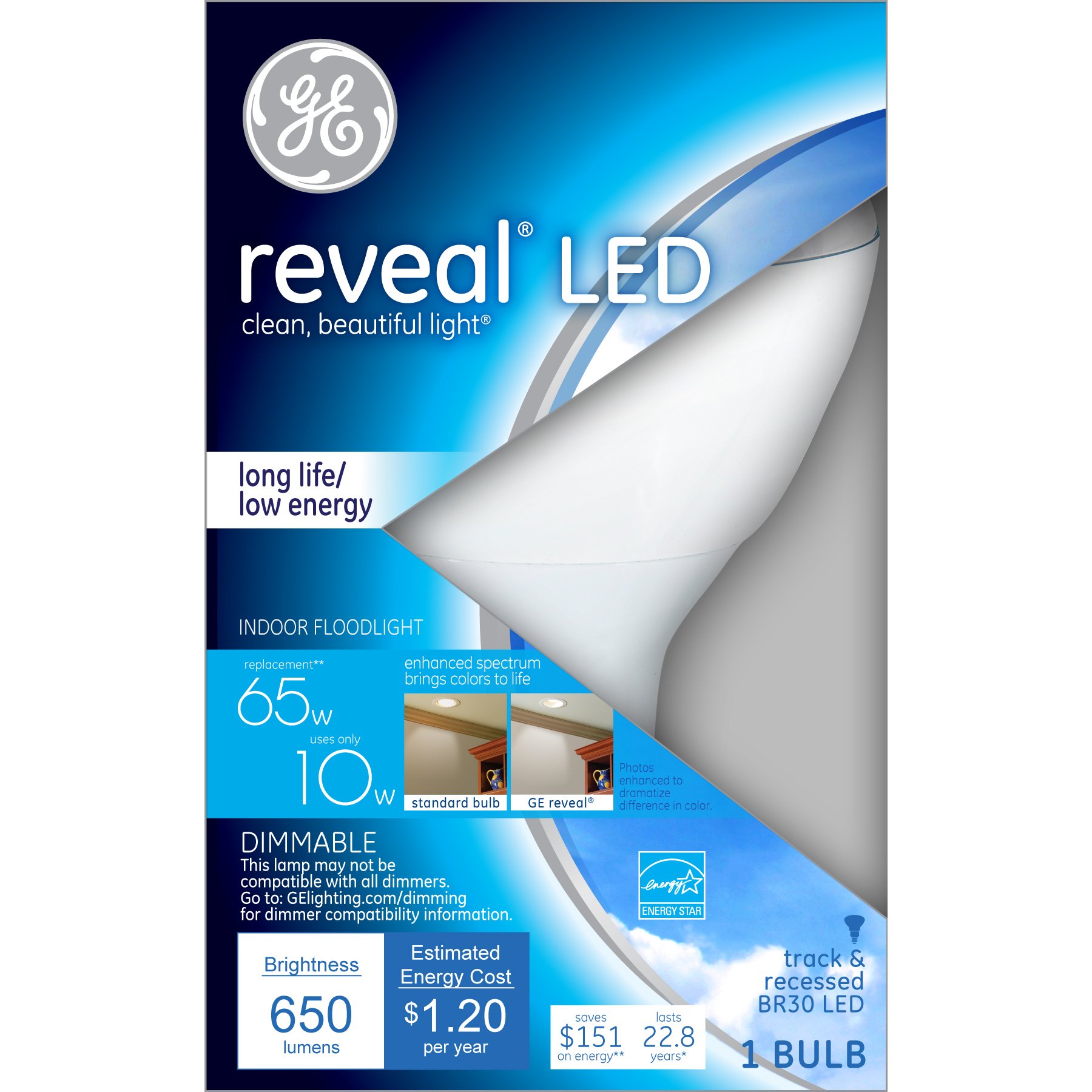 GE Lighting 92470 Reveal LED 10-Watt (65-Watt replacement), 650-Lumen R30 Bulb with Medium Base, 1-Pack