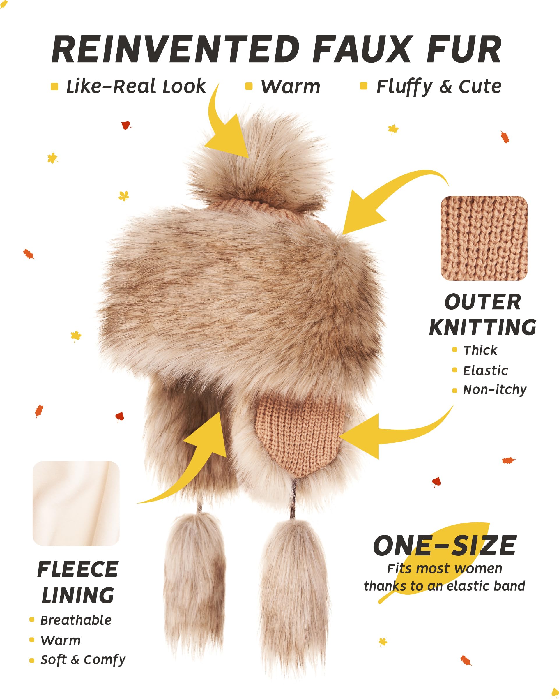 Futrzane Classic Ear Flaps Hat - Fur Trapper Hat for Women - Winter Ushanka Hat (One Size, Gold Classic)