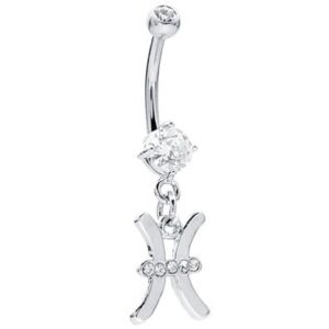 14ga stainless steel cz crystal zodiac sign dangling belly button ring (pisces)