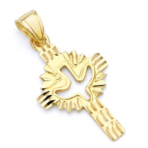 wellingsale 14k yellow gold polished diamond cut ornate religious christian cross with holy spirit dove pendant