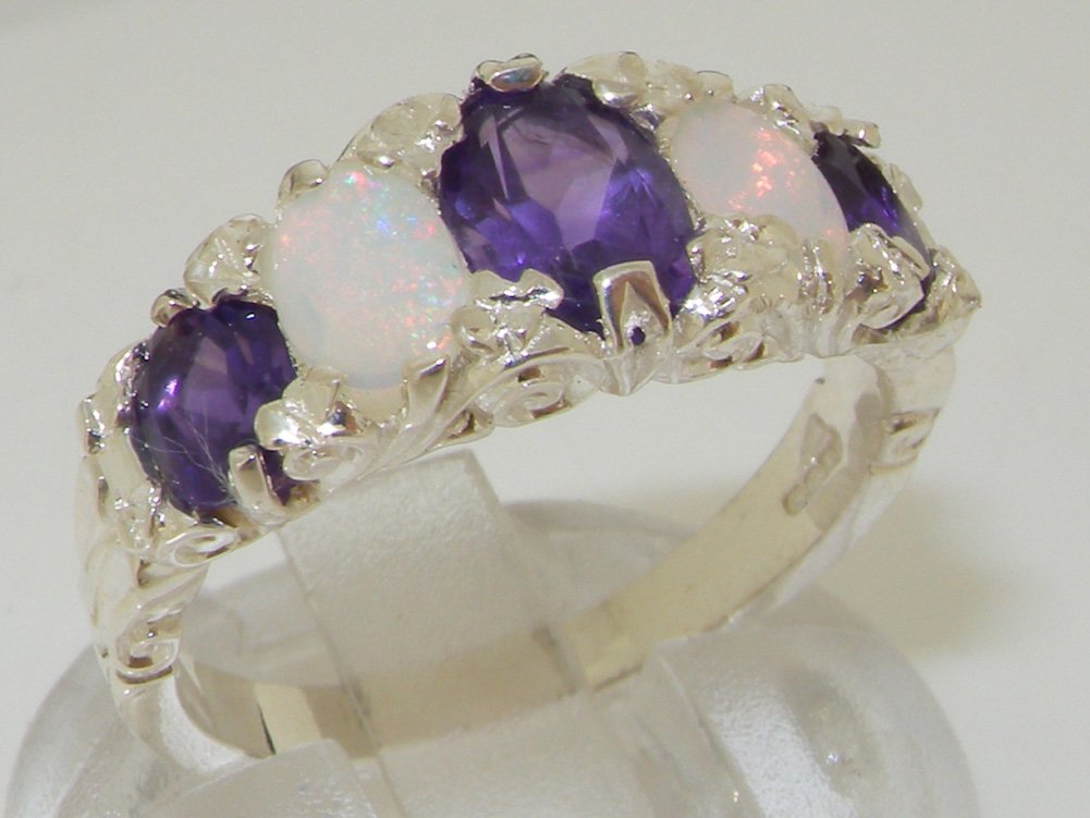 LetsBuyGold 925 Sterling Silver Natural Amethyst and Opal Womens Promise Ring - Size 9.5