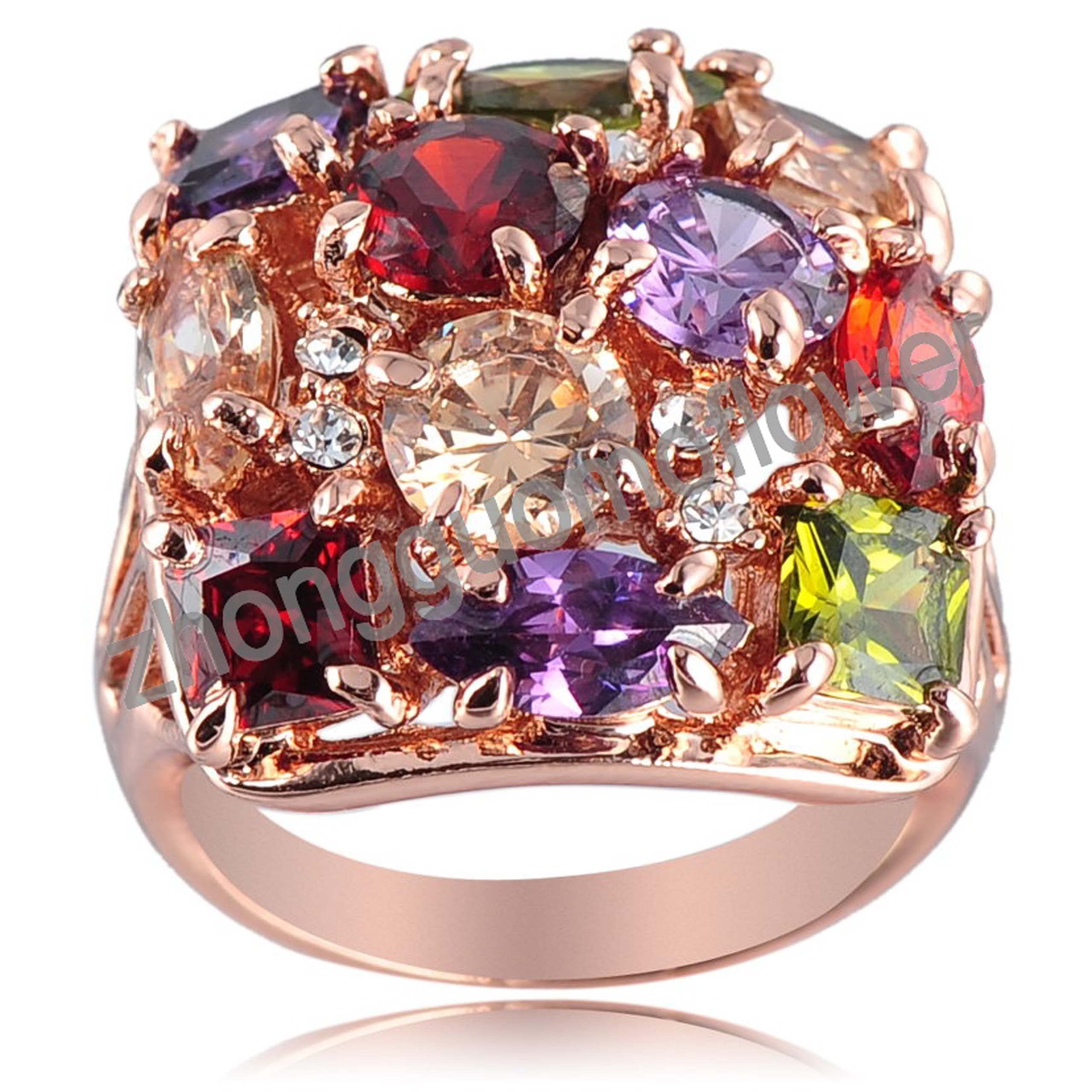 Square 18k Gold Plated Leaves Multi-color Zirconia Crystal Az0284r Ring (Sizes 9)