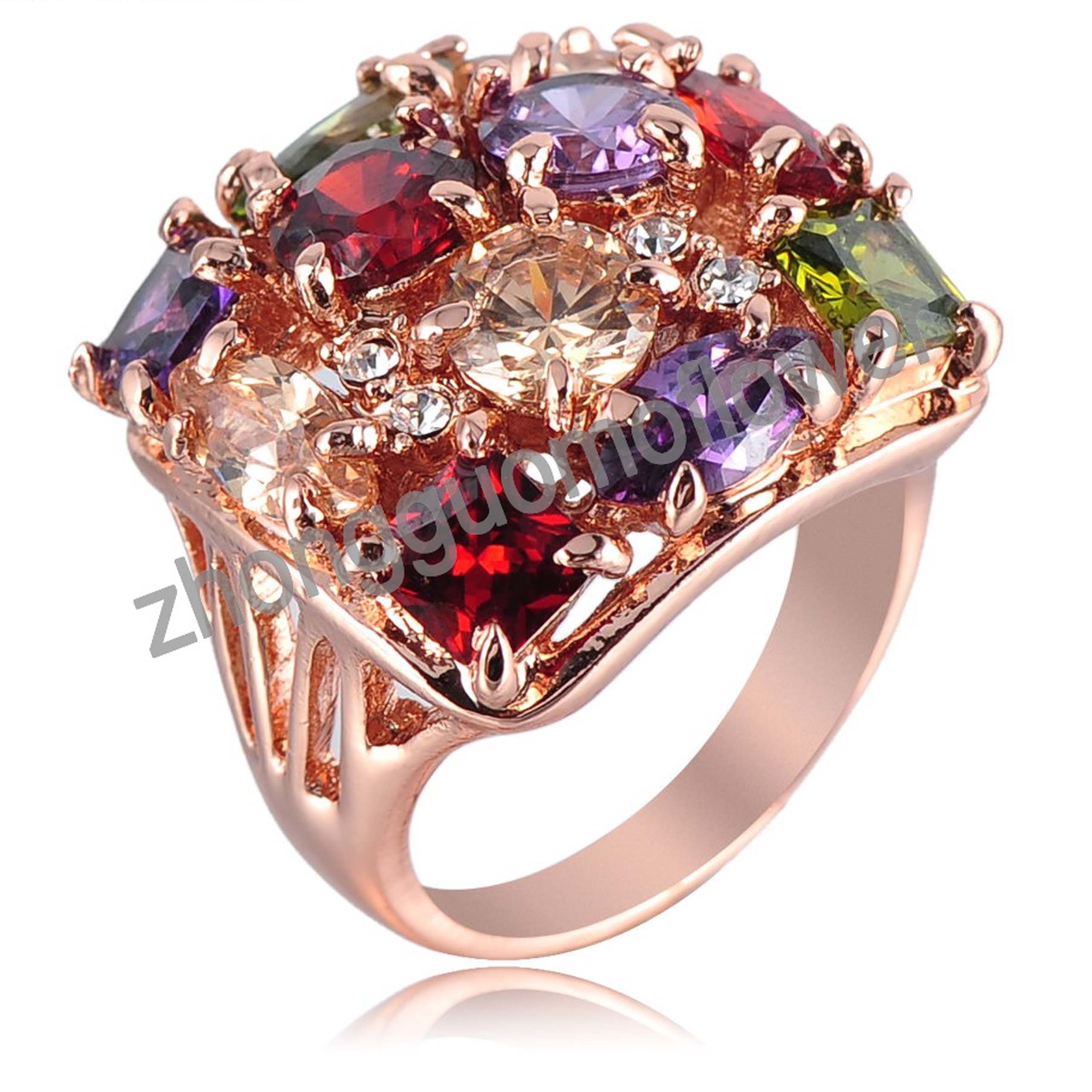 Square 18k Gold Plated Leaves Multi-color Zirconia Crystal Az0284r Ring (Sizes 9)