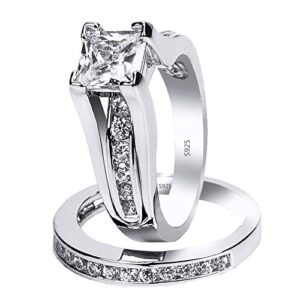 mabella 925 sterling silver cubic zirconia princess cut women's wedding engagement bridal ring set size 8