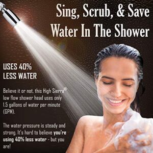 High Sierra's Solid Metal Handheld Shower Head Kit. Includes Handheld Shower Head, Trickle Valve, 72-Inch Hose with Silicone Inner Tube, and Holder. Low Flow 1.5 GPM - Chrome Finish