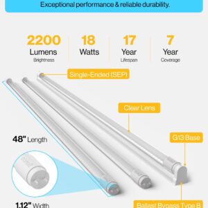 Sunco 10 Pack T8 LED Tubes 4FT Fluorescent Replacement, 48 Inch, 18W, 2200LM, 5000K Daylight, Single Ended Power, Type B, Ballast Bypass, Clear Lens UL