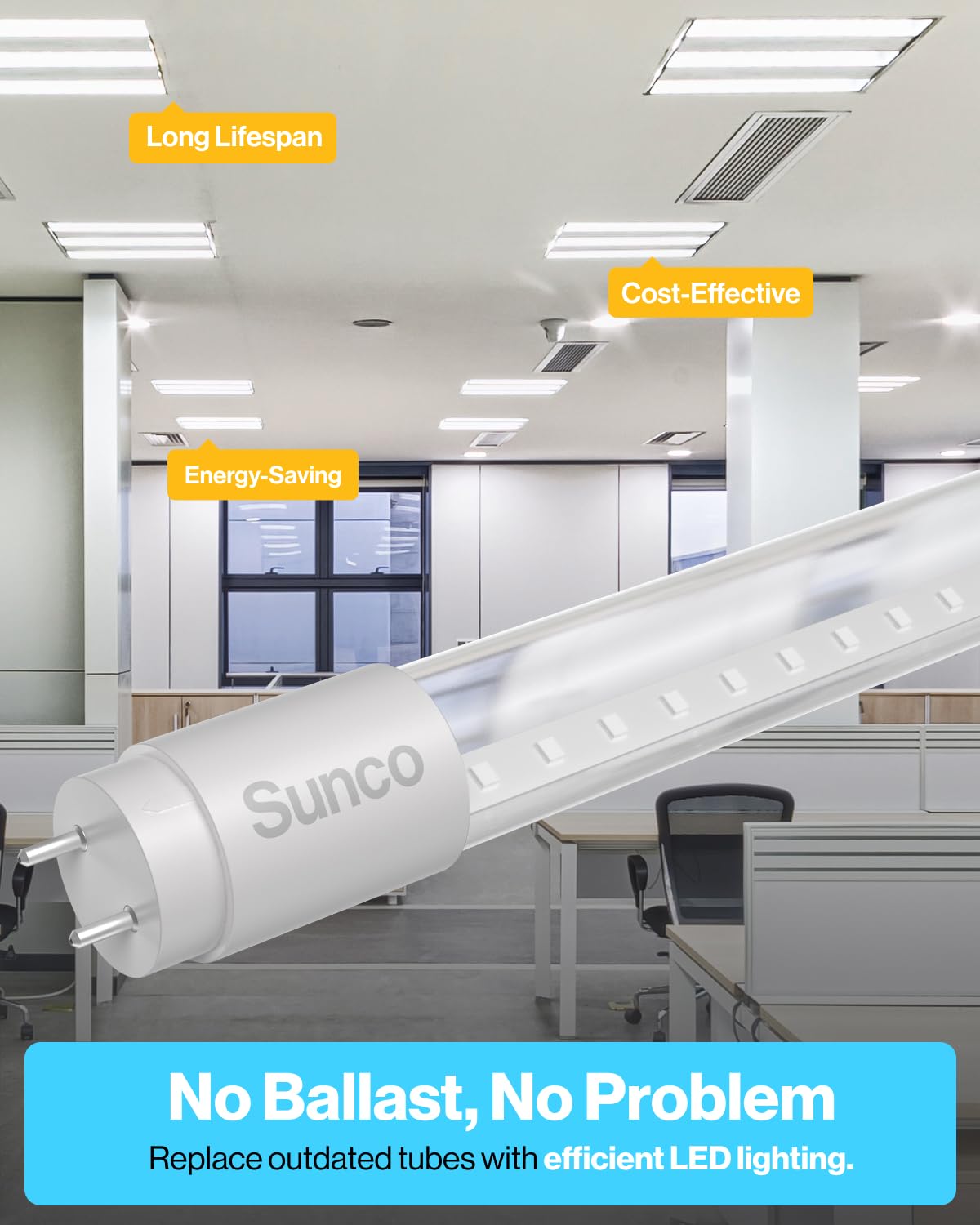 Sunco 10 Pack T8 LED Tubes 4FT Fluorescent Replacement, 48 Inch, 18W, 2200LM, 5000K Daylight, Single Ended Power, Type B, Ballast Bypass, Clear Lens UL