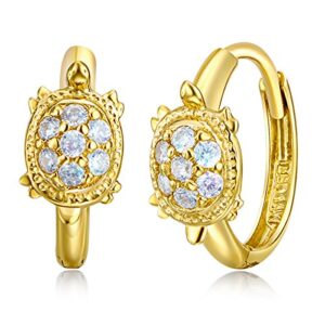 wellingsale ladies 14k yellow gold polished turtle cz huggies earrings (10 x 10 mm)