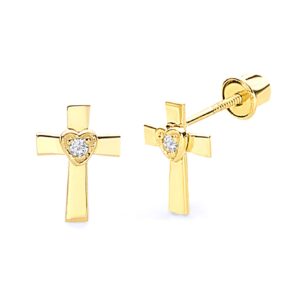 wellingsale 14k yellow gold polished cross heart stud earrings with screw back