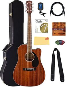 fender cd-60sce solid top dreadnought acoustic-electric guitar - all mahogany bundle with hard case, tuner, instrument cable, strap, strings, picks, polishing cloth and austin bazaar instructional dvd