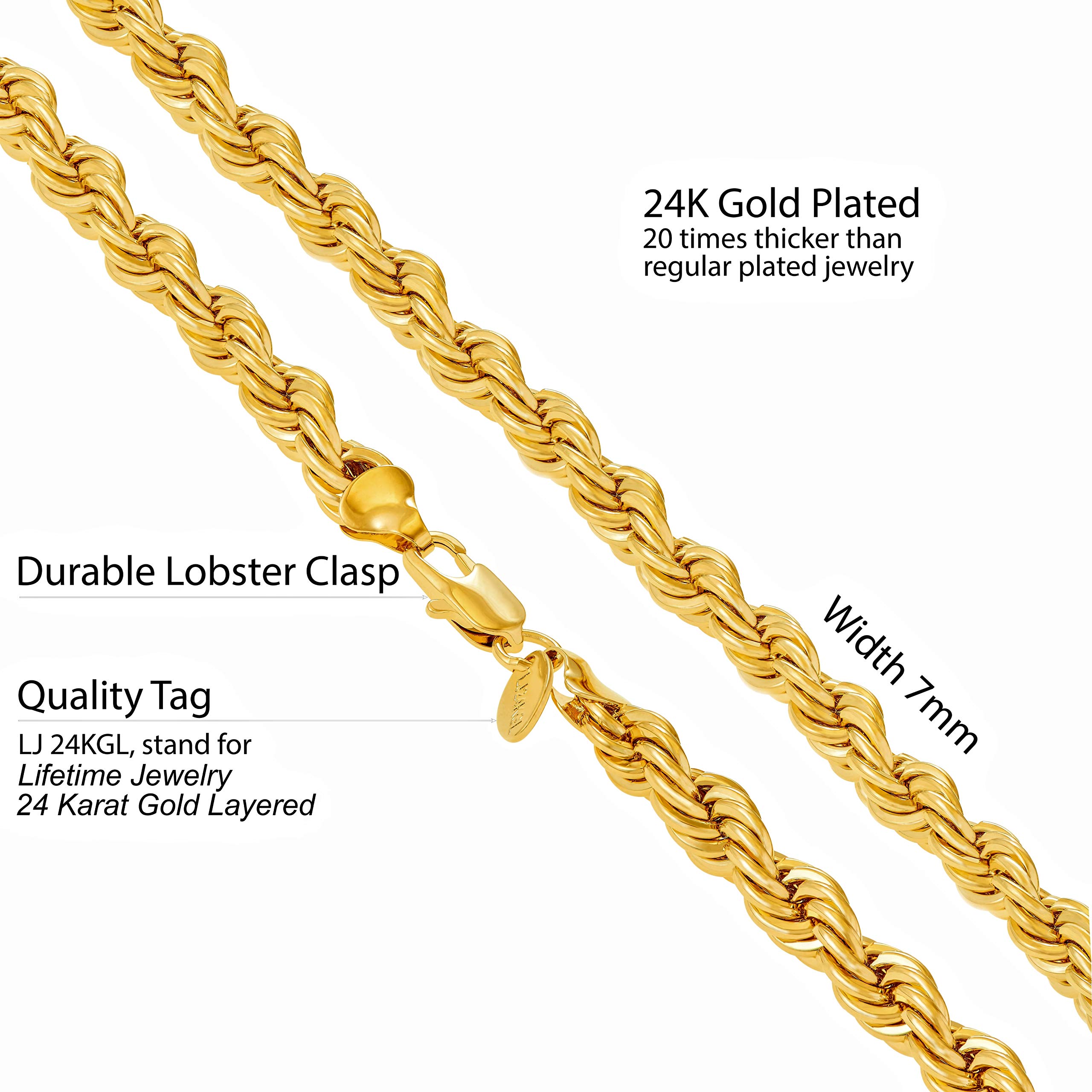 LIFETIME JEWELRY 7mm Rope Chain Necklace 24k Real Gold Plated for Men and Women (22 inches, 1 - Gold Plated, 1)