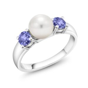 gem stone king 925 sterling silver freshwater pearl and blue tanzanite ring for women (0.76 cttw, gemstone december birthstone, size 7)