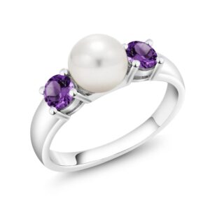 gem stone king 925 sterling silver freshwater pearl and purple amethyst ring for women (0.72 cttw, gemstone february birthstone, size 6)