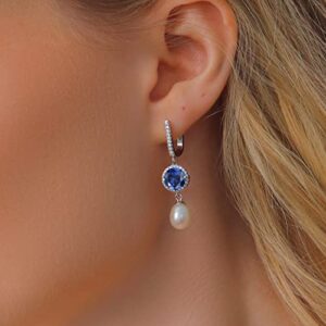 Gem Stone King 925 Sterling Silver Round 8MM Gemstone Birthstone and 11X8MM Cultured Freshwater Pearl Drop Dangle Earrings For Women