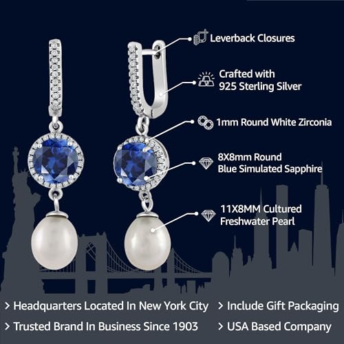 Gem Stone King 925 Sterling Silver Round 8MM Gemstone Birthstone and 11X8MM Cultured Freshwater Pearl Drop Dangle Earrings For Women