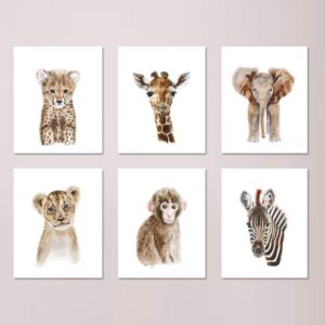 safari nursery print set of 6 prints, african baby animal watercolors: lion, giraffe, elephant, zebra, monkey, cheetah - selection of alternate animals and sizes available