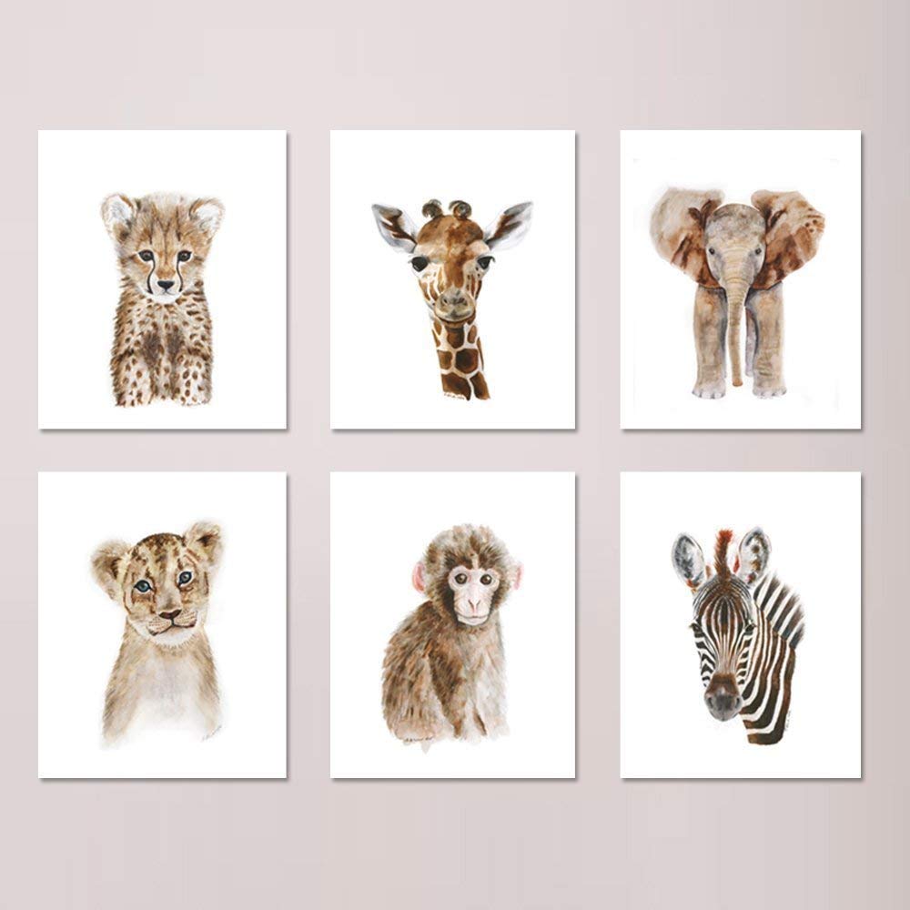 Safari Nursery Print Set of 6 Prints, African Baby Animal Watercolors: Lion, Giraffe, Elephant, Zebra, Monkey, Cheetah - Selection of Alternate Animals and Sizes available