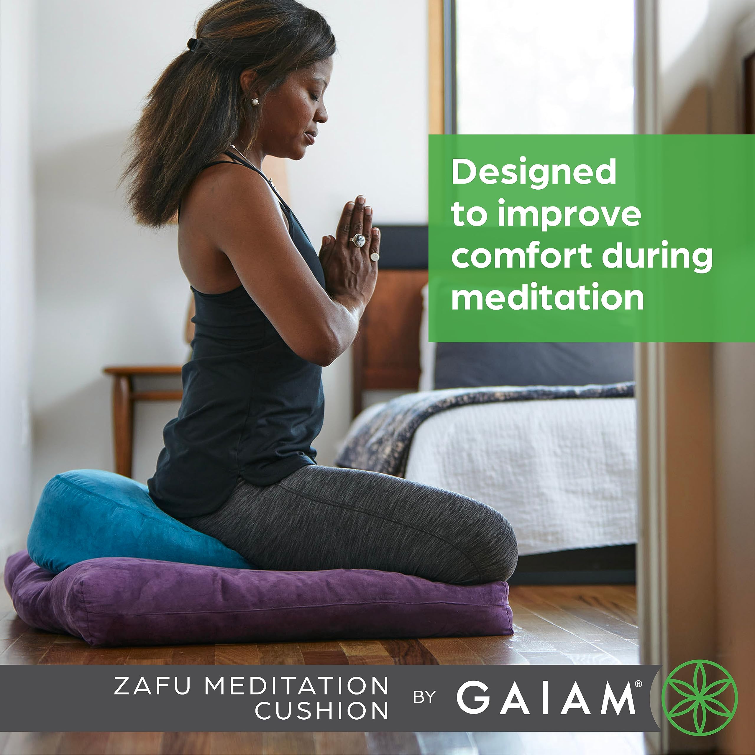 Gaiam Zafu Yoga Meditation Cushion - Ergonomic Buckwheat Hull Floor Pillow for Posture Support, Tailored Comfort with Adjustable Filling, Carry Handle, Versatile for Pilates and Relaxation - Black