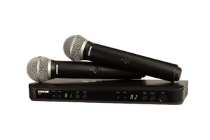 shure blx288/pg58 uhf wireless microphone system - perfect for church, karaoke, vocals - 14-hour battery life, 300 ft range | includes (2) pg58 handheld vocal mics, dual channel receiver | h10 band