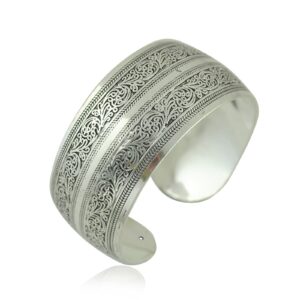 bodya tibeten silver carved spiral flower connecting branches pattern wide band open cuff bracelet bangle for adult