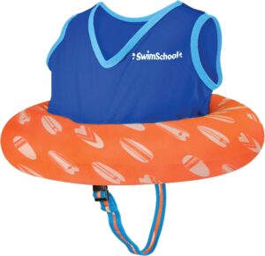 swimschool deluxe swim trainer – heavy duty toddler swim vest floatie – comfortable sweater-fit design with adjustable safety seat – berry/blue