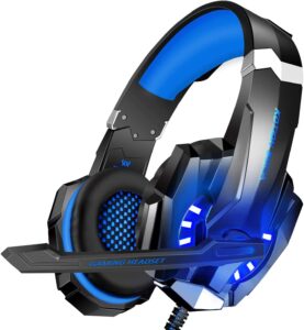 bluefire stereo gaming headset for ps4, ps5, pc, xbox one, noise cancelling over ear headphones with mic, led light, bass surround, soft memory earmuffs for laptop nintendo switch games (blue)