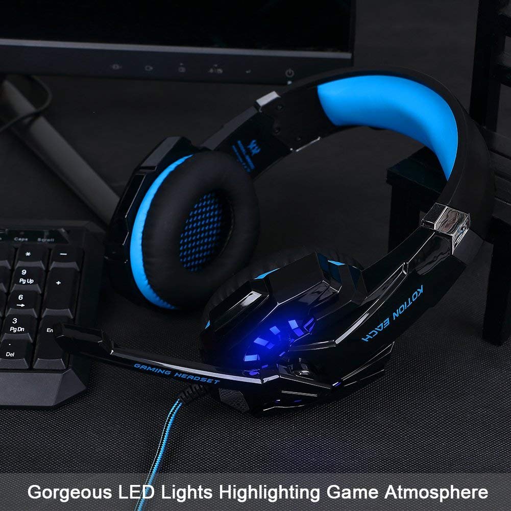 BlueFire Stereo Gaming Headset for PS4, PS5, PC, Xbox One, Noise Cancelling Over Ear Headphones with Mic, LED Light, Bass Surround, Soft Memory Earmuffs for Laptop Nintendo Switch Games (Blue)