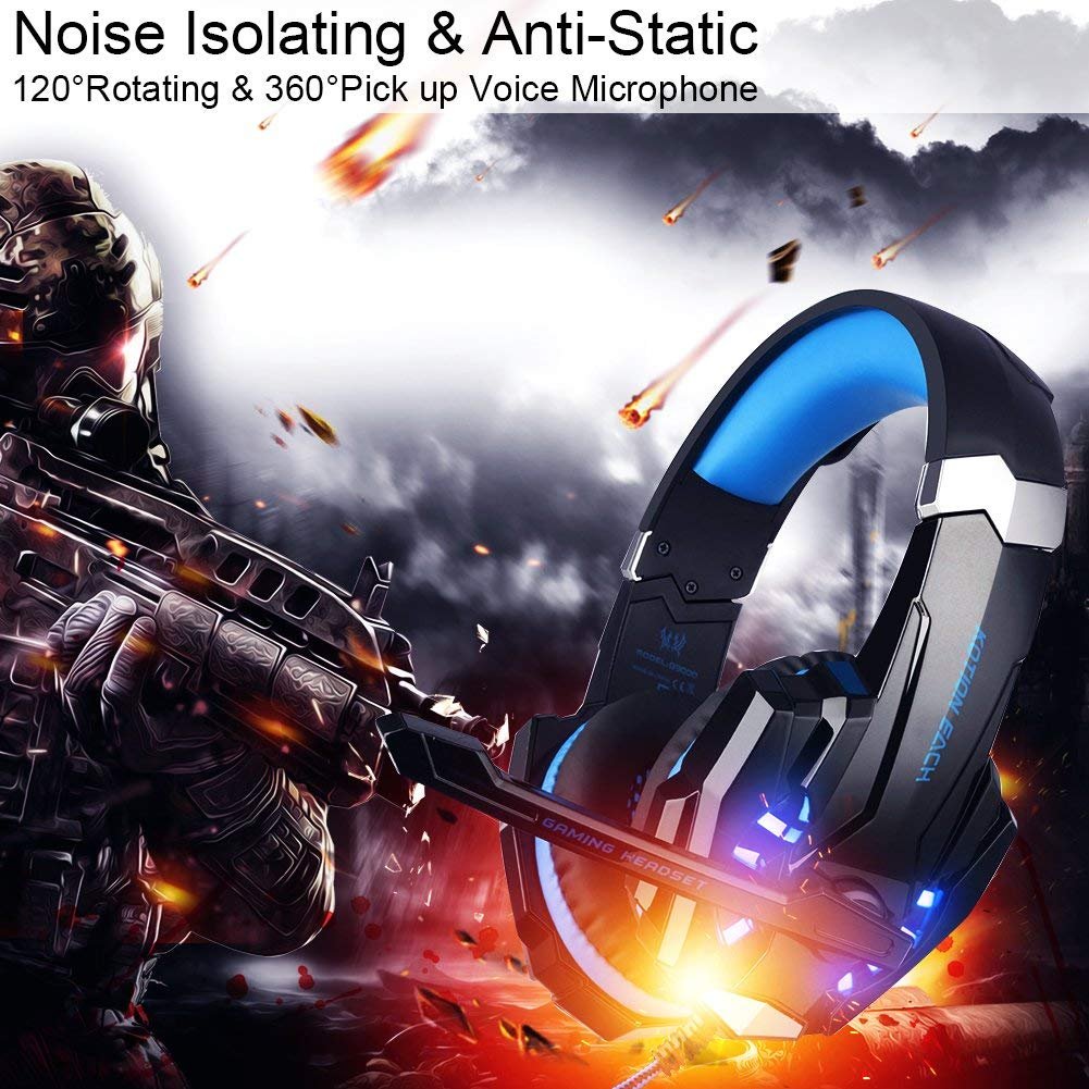 BlueFire Stereo Gaming Headset for PS4, PS5, PC, Xbox One, Noise Cancelling Over Ear Headphones with Mic, LED Light, Bass Surround, Soft Memory Earmuffs for Laptop Nintendo Switch Games (Blue)