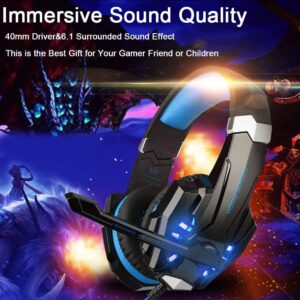 BlueFire Stereo Gaming Headset for PS4, PS5, PC, Xbox One, Noise Cancelling Over Ear Headphones with Mic, LED Light, Bass Surround, Soft Memory Earmuffs for Laptop Nintendo Switch Games (Blue)