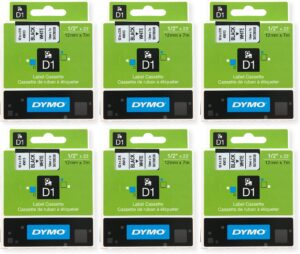 dymo d1 standard tape cartridge, 1/2in x 23ft, black on white tape cartridge, pack of 6