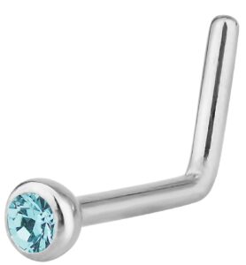 forbidden body jewelry 18g surgical steel 2mm aqua blue cz crystal l shaped nose ring