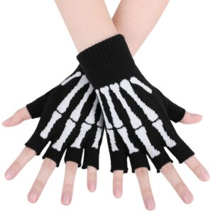 simplicity skull gloves women men knitted stretchy skeleton fingerless gloves