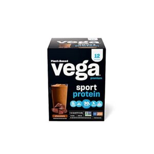 vega sport premium vegan protein powder, chocolate - 30g plant based protein, 5g bcaas, low carb, keto, dairy free, gluten free, pea protein for women & men, 12 x 1.6 oz sachets (packaging may vary)