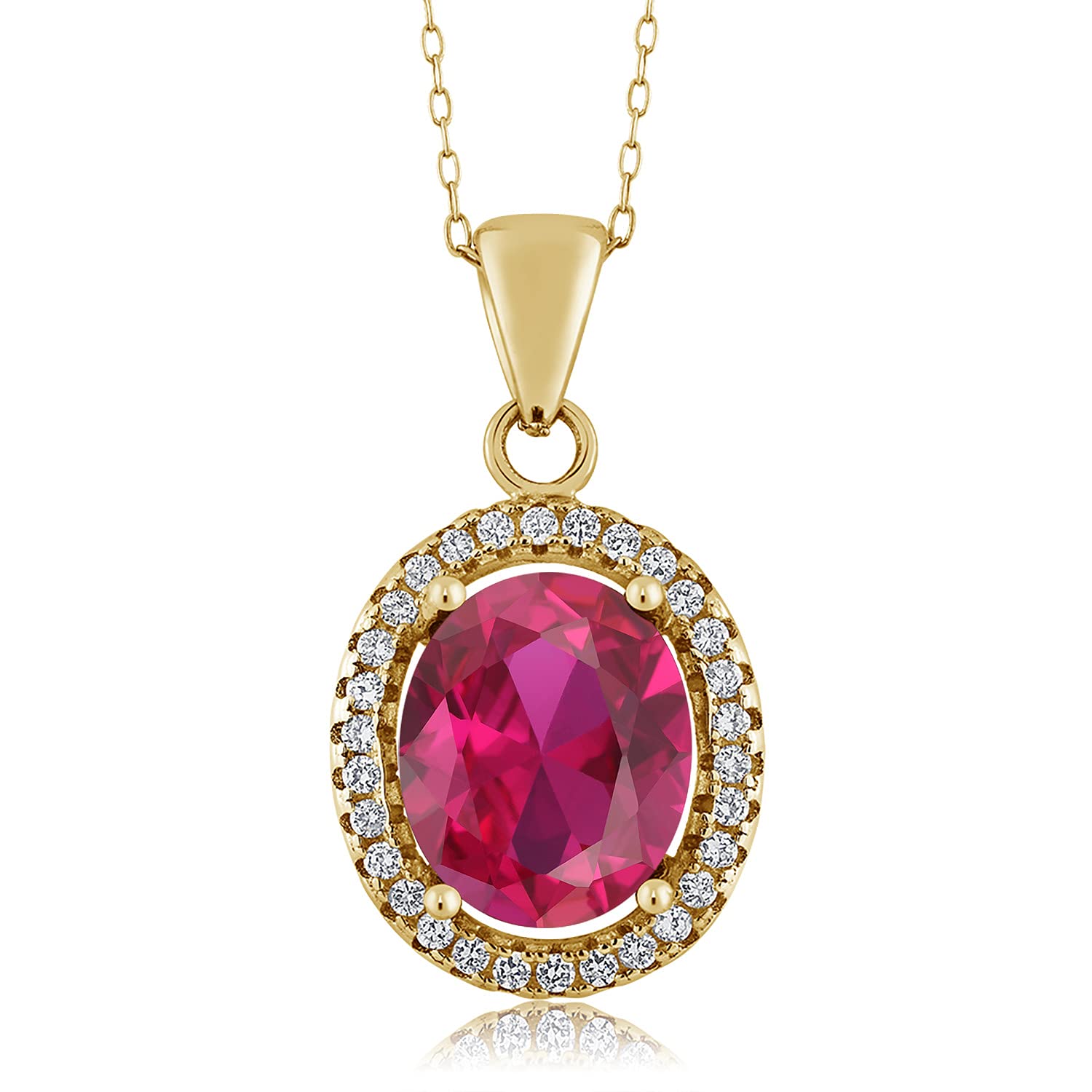 Gem Stone King 18K Yellow Gold Plated Silver Red Created Ruby Pendant Necklace For Women (4.40 Cttw, Oval 11X9MM, with 18 Inch Chain)