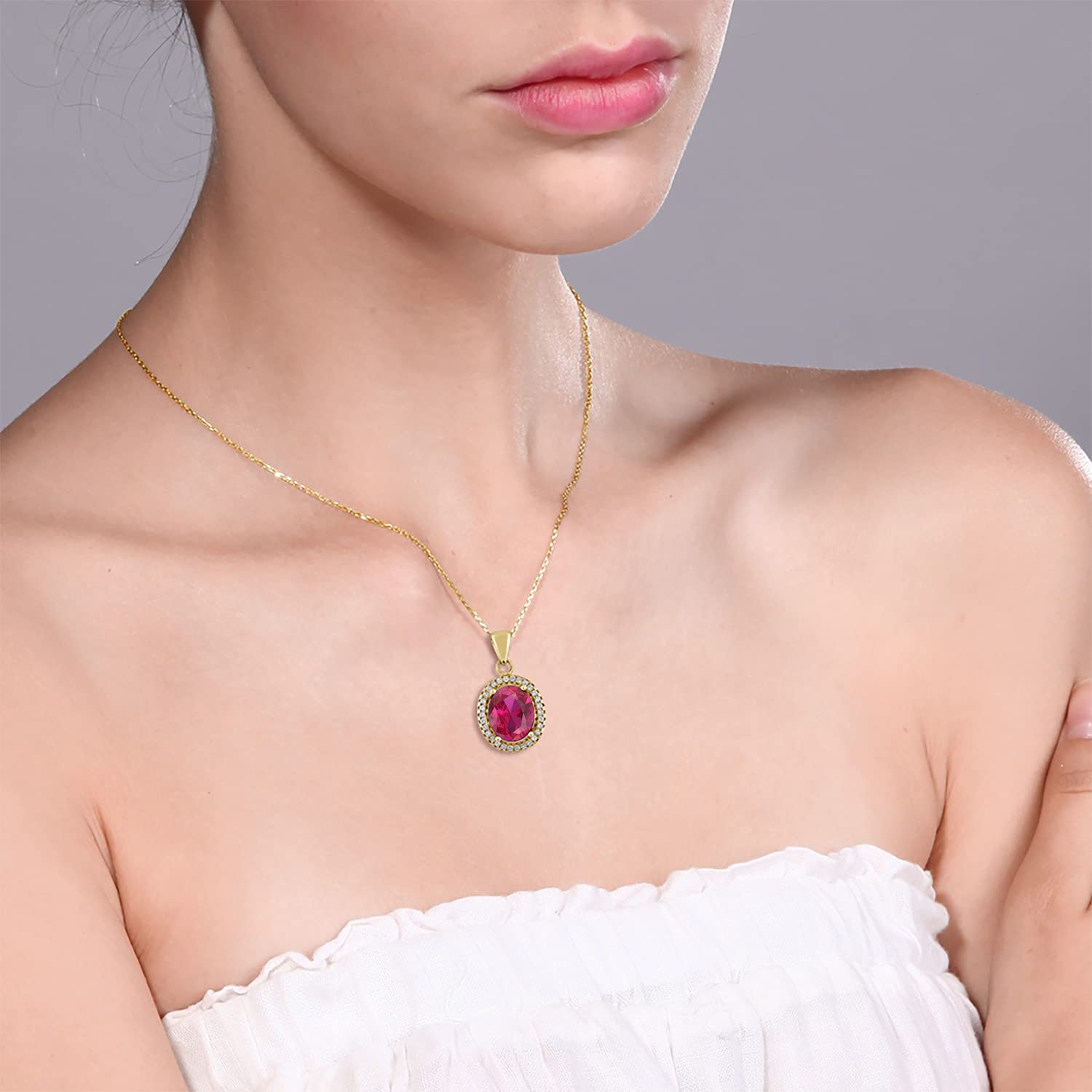 Gem Stone King 18K Yellow Gold Plated Silver Red Created Ruby Pendant Necklace For Women (4.40 Cttw, Oval 11X9MM, with 18 Inch Chain)