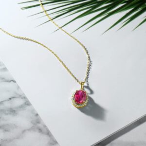 Gem Stone King 18K Yellow Gold Plated Silver Red Created Ruby Pendant Necklace For Women (4.40 Cttw, Oval 11X9MM, with 18 Inch Chain)