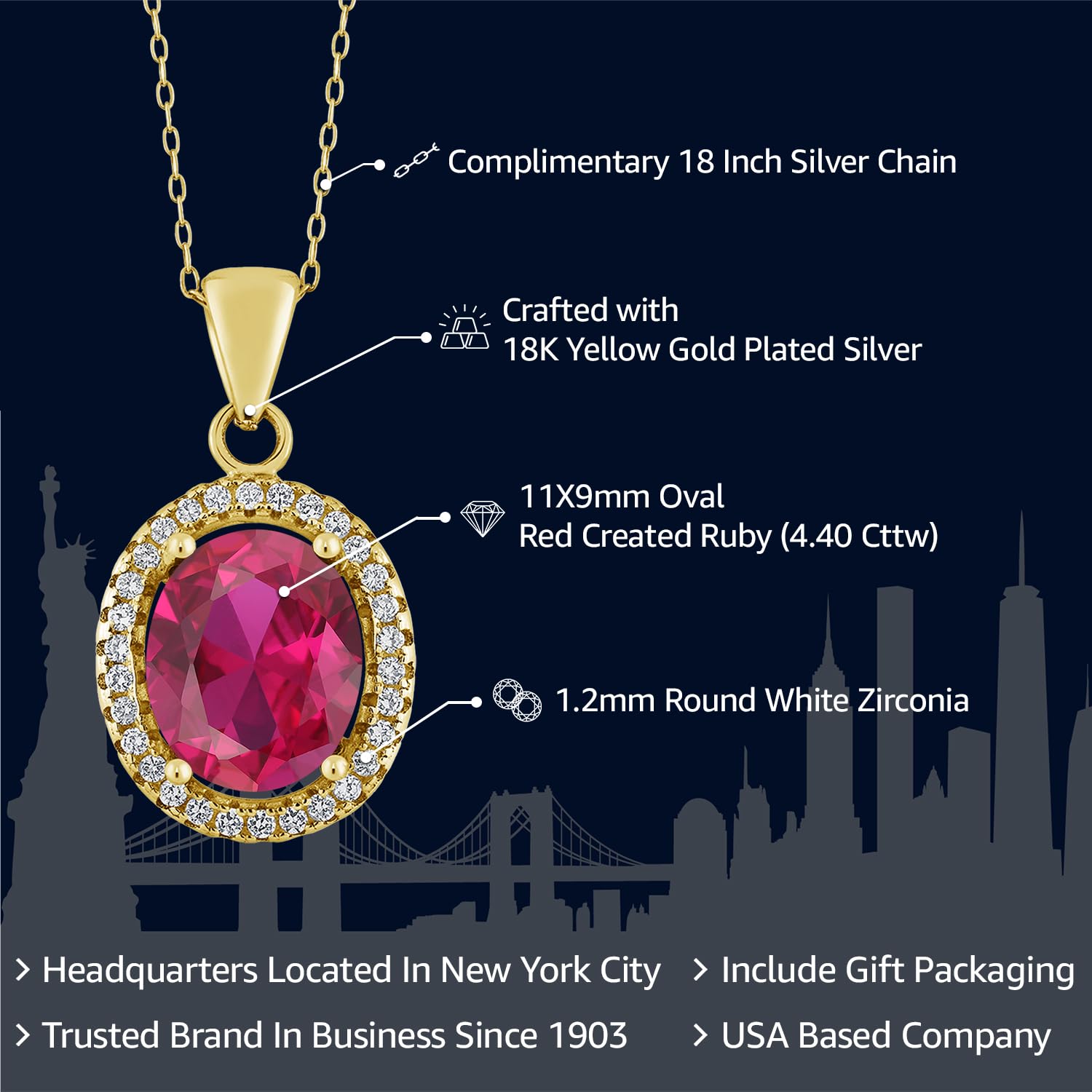 Gem Stone King 18K Yellow Gold Plated Silver Red Created Ruby Pendant Necklace For Women (4.40 Cttw, Oval 11X9MM, with 18 Inch Chain)