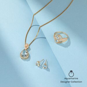 PEORA Aquamarine Pendant for Women 14K White Gold with White Topaz, Teardrop Halo Design, Genuine Birthstone Gemstone, 0.86 Carat Pear Shape 7x5mm, with 18 Inch Chain