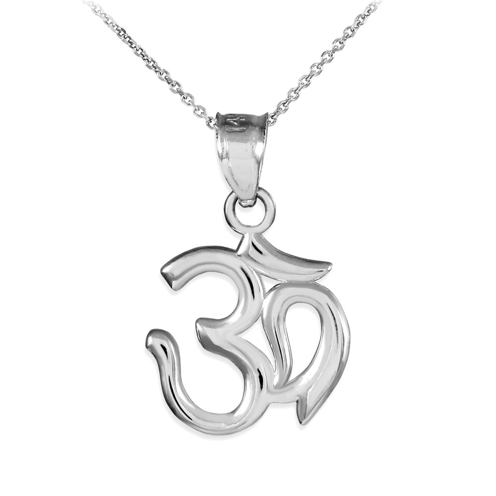 Sideways Crosses 10k White Gold Hindu Meditation Charm Yoga Om (Aum) Pendant Necklace, 18"