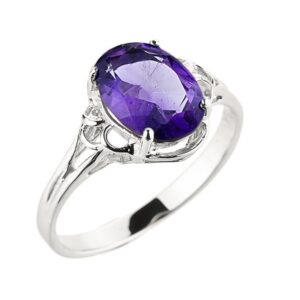 10k white gold february birthstone genuine oval amethyst gemstone solitaire ring - size 7-1/2