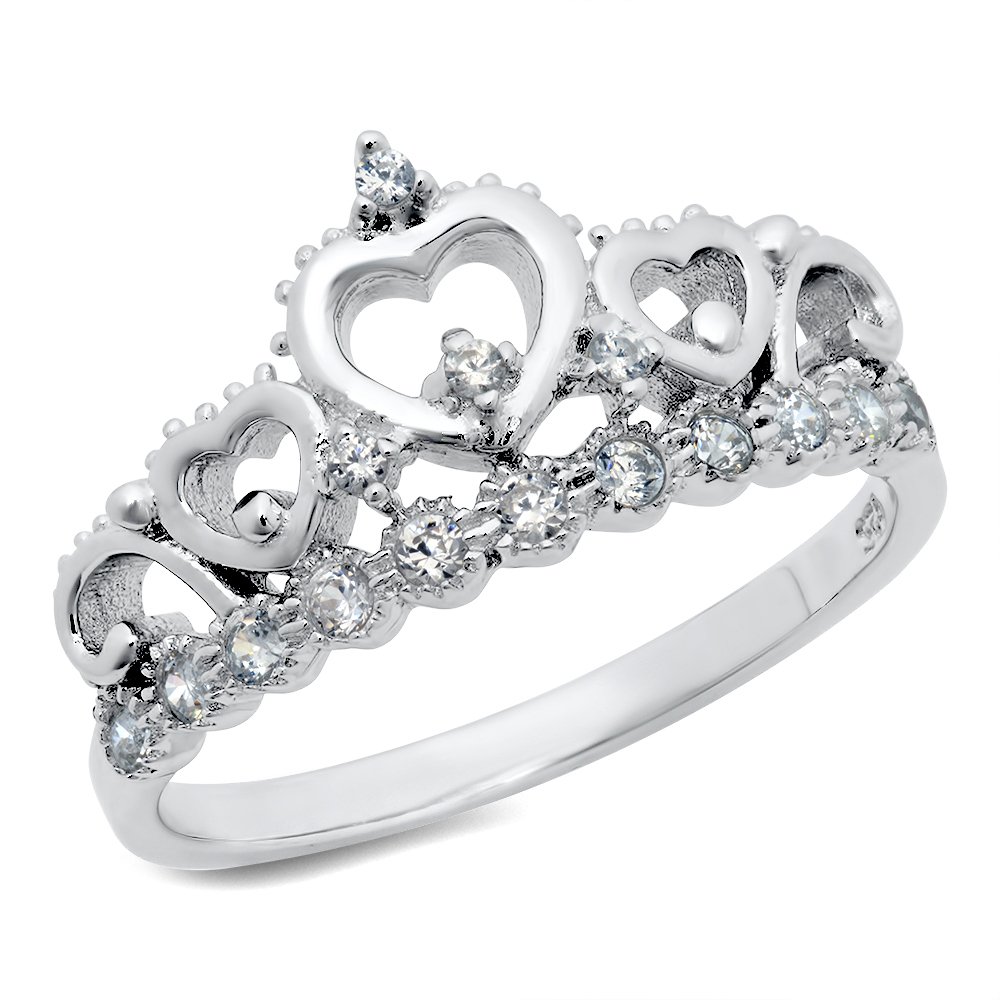 Metal Factory 925 Sterling Silver Cubic Zirconia Princess Heart Crown Tiara CZ Band Ring (8)