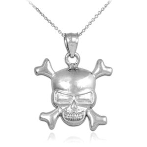 fine 10k white gold danger charm skull and crossbones pendant necklace, 22"