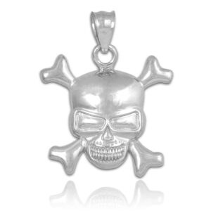 Fine 10k White Gold Danger Charm Skull and Crossbones Pendant Necklace, 22"