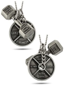 shields of strength women's weight plate and dumbbell pendant combo necklace philippians 4:13 & luke 1:37 bible verses weightlifters christian jewelry