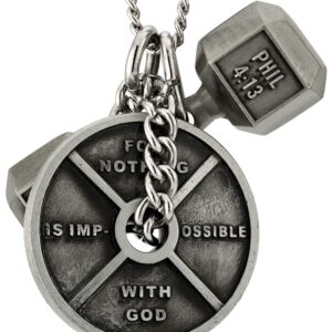 Shields of Strength Women's Weight Plate and Dumbbell Pendant Combo Necklace Philippians 4:13 & Luke 1:37 Bible Verses Weightlifters Christian Jewelry