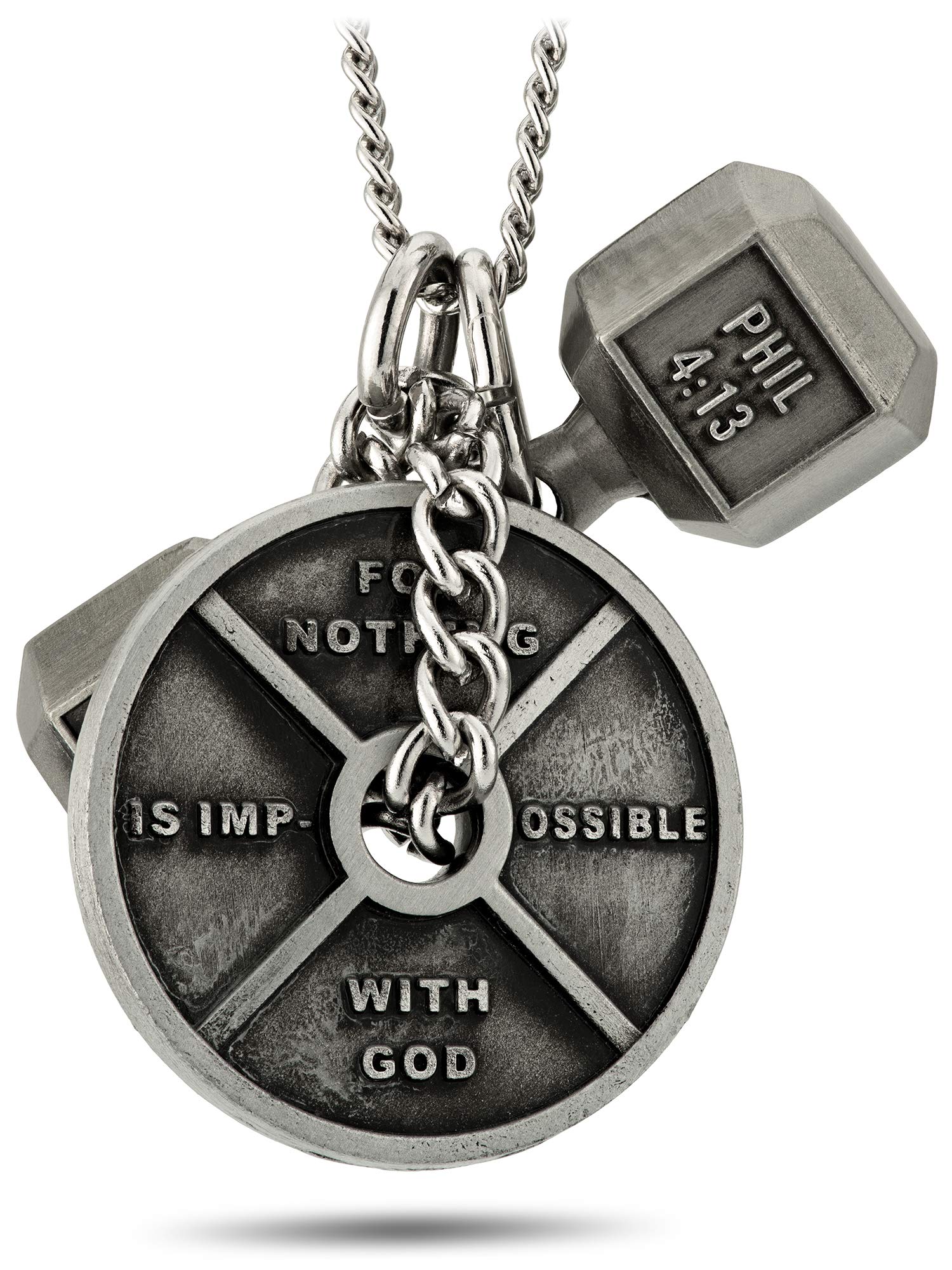 Shields of Strength Women's Weight Plate and Dumbbell Pendant Combo Necklace Philippians 4:13 & Luke 1:37 Bible Verses Weightlifters Christian Jewelry