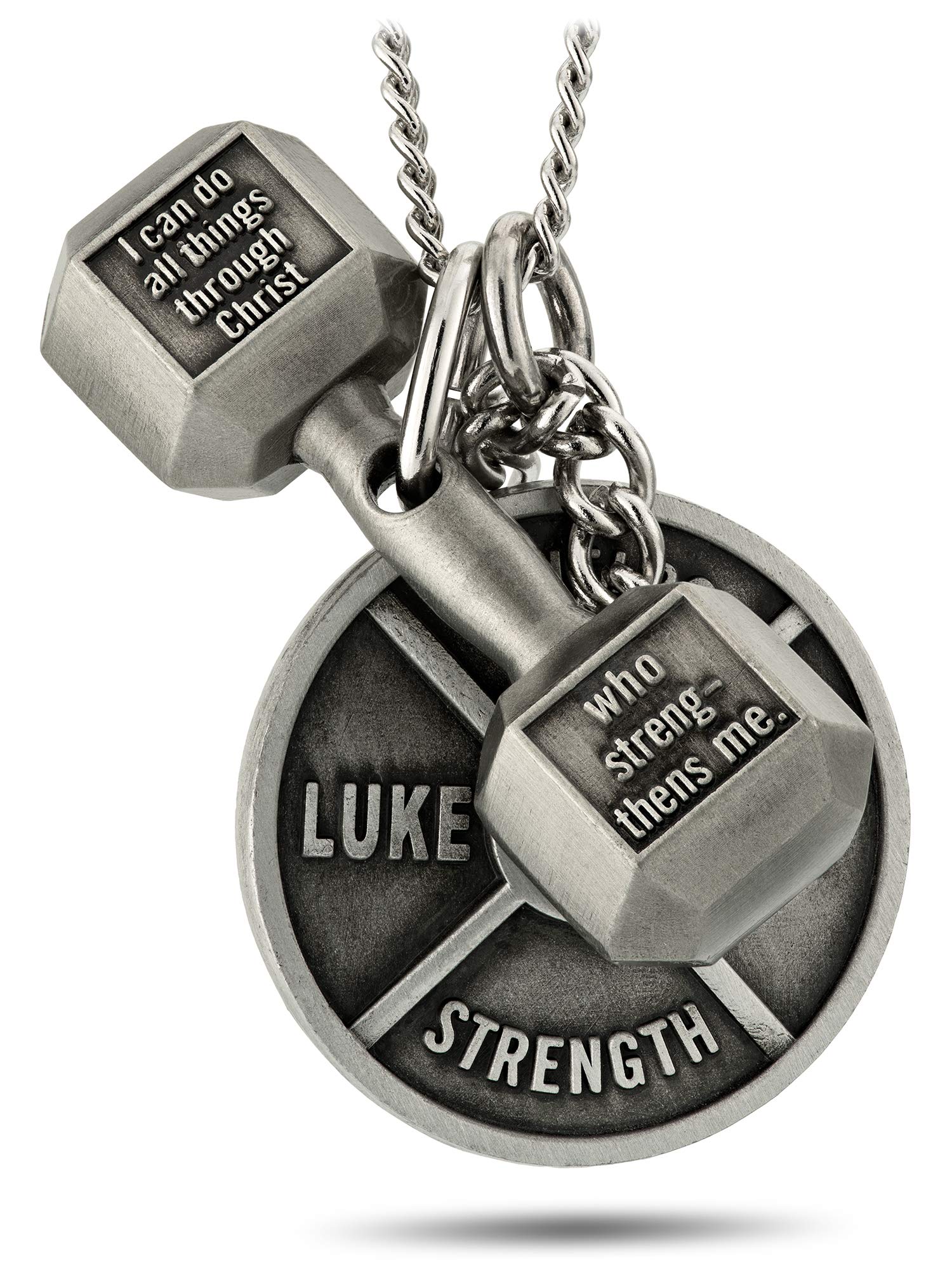 Shields of Strength Women's Weight Plate and Dumbbell Pendant Combo Necklace Philippians 4:13 & Luke 1:37 Bible Verses Weightlifters Christian Jewelry