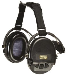 msa 10149445 supreme pro-x electronic earmuff with black cloth neckband, black earcups, silicone gel sealing rings, nrr: 19 dba, ip rating: 67, designed for both left and right-handed shooters