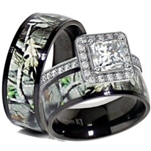 his & her black titanium camo sterling silver engagement wedding ring set (size men 7; women 7)